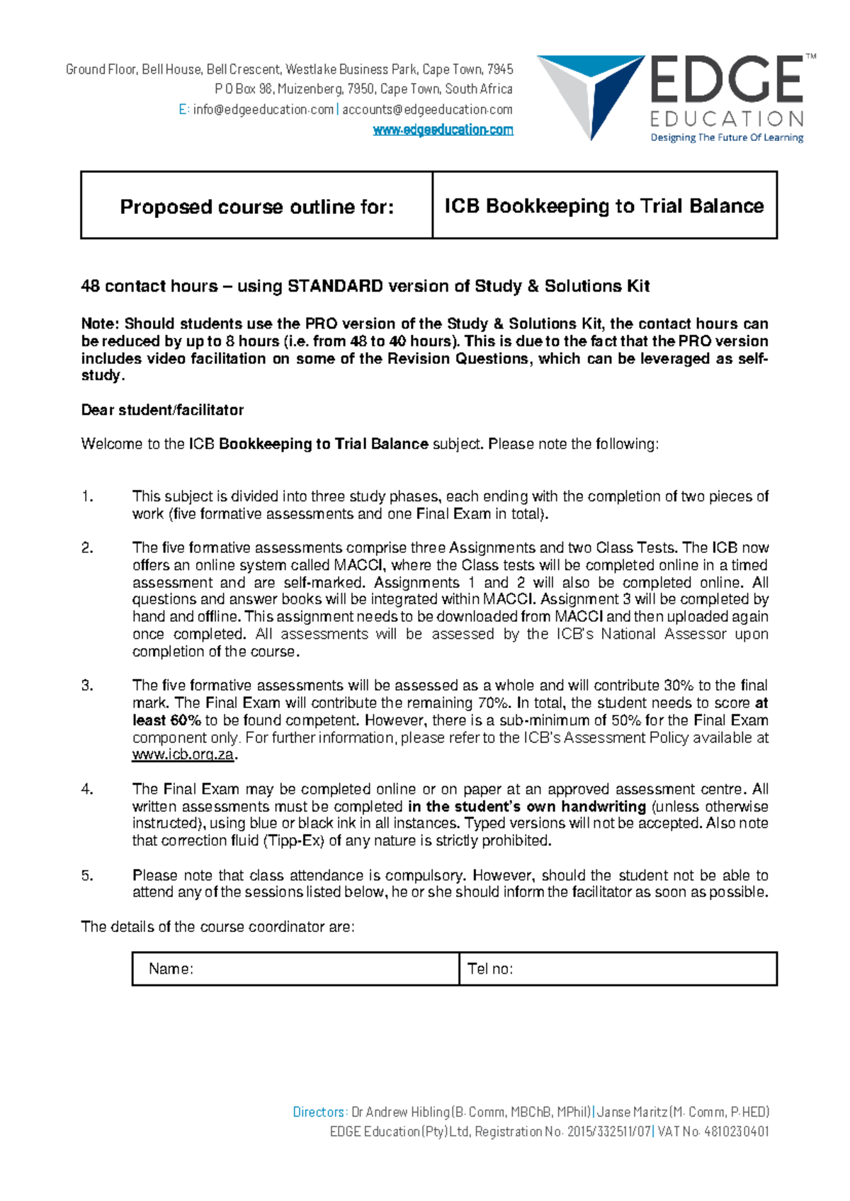 ICB Bookkeeping to Trial Balance Course Outline 2024 - Directors: Dr ...