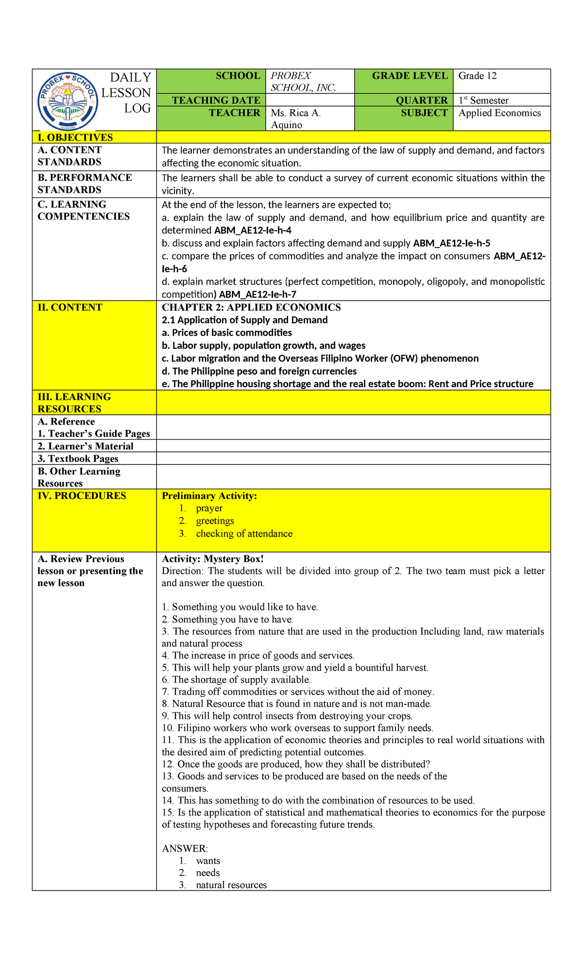 Applied ECO Chapter 2 - Lesson plan - DAILY LESSON LOG S. 2021- 22 ...
