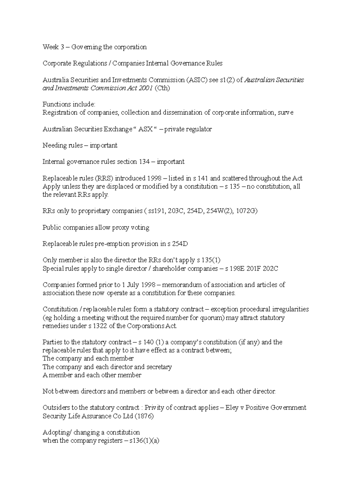 Week 3 company - notes - Week 3 – Governing the corporation Corporate ...