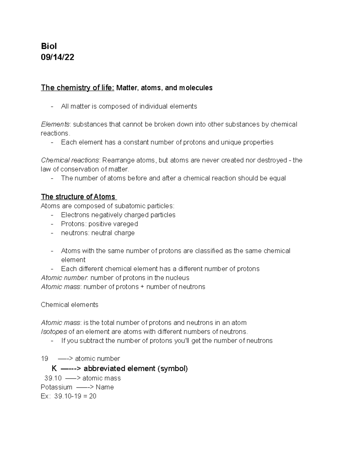BIOL 09 - MOLECULAR GENETICS - Biol 09/14/ The chemistry of life ...