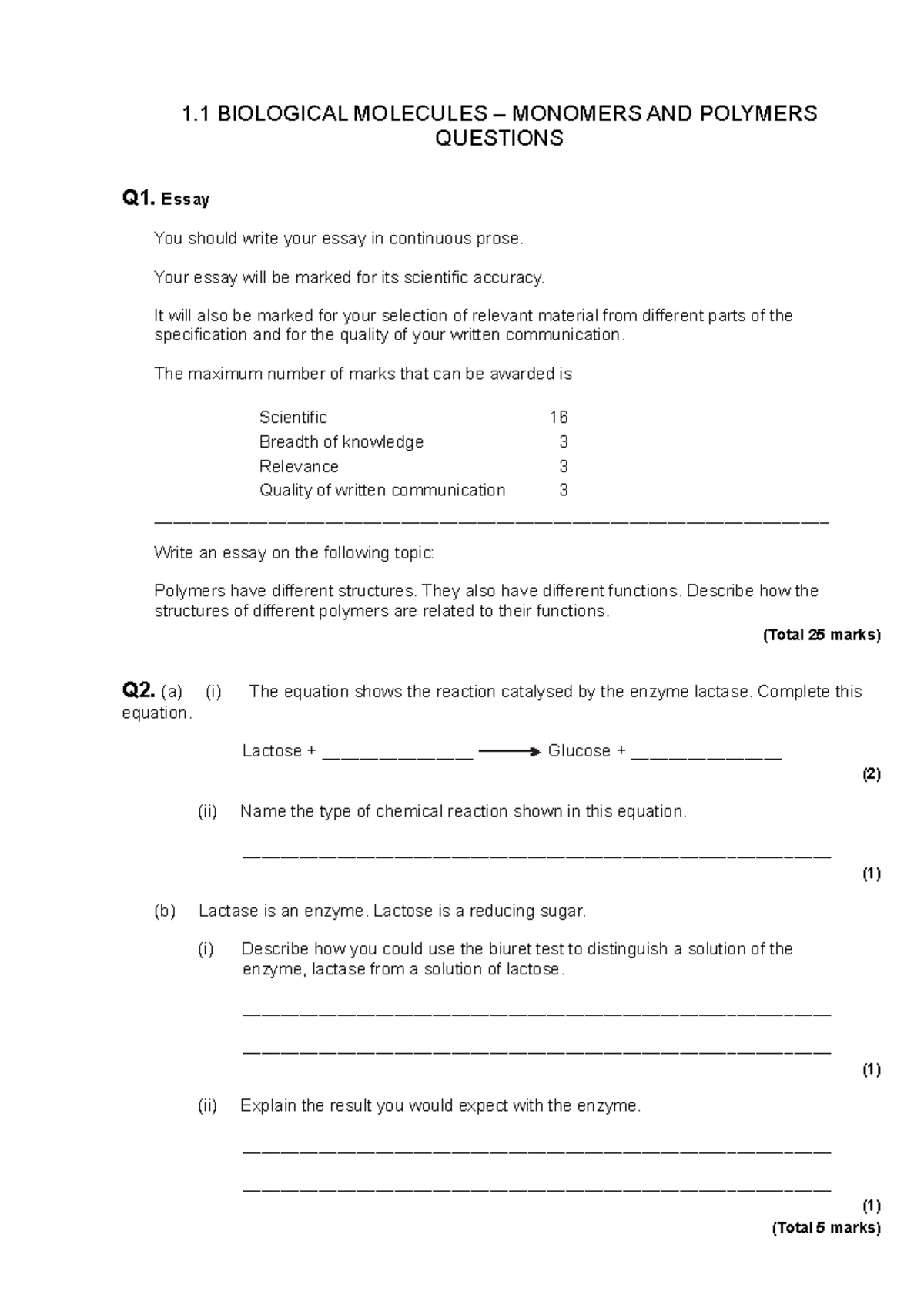 1.1- Biological- Molecules-–- Monomers-AND- Polymers- Questions - 1 BIOLOGICAL MOLECULES ...
