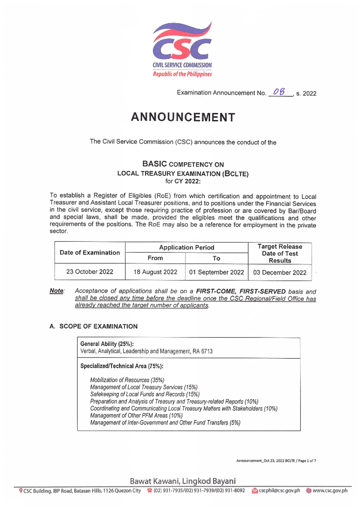 Exam Announcement 08s2022 - BS in Accountancy - Studocu