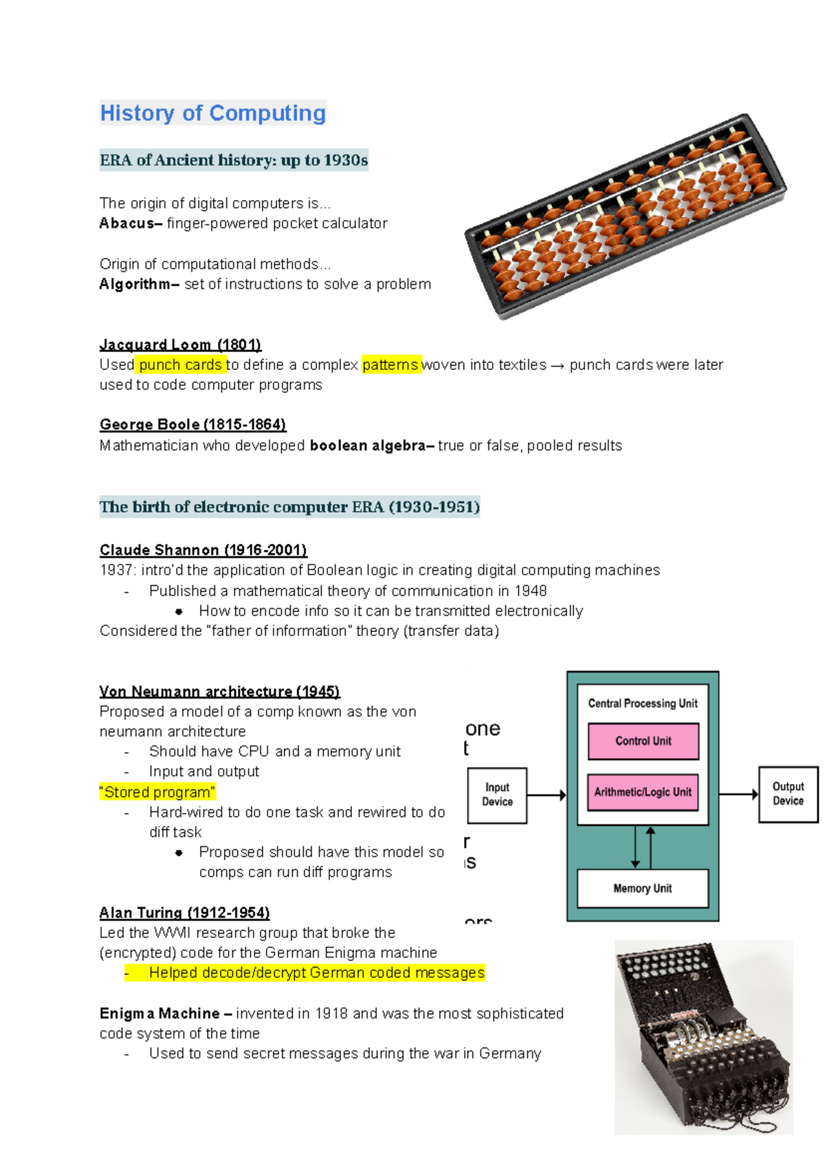 EECs 1520 History - History of Computing ERA of Ancient history: up to 1930s The origin of ...