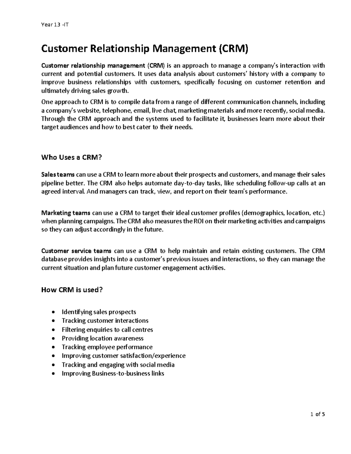 Topic 14.1.3 Handout CRM - Customer Relationship Management (CRM ...