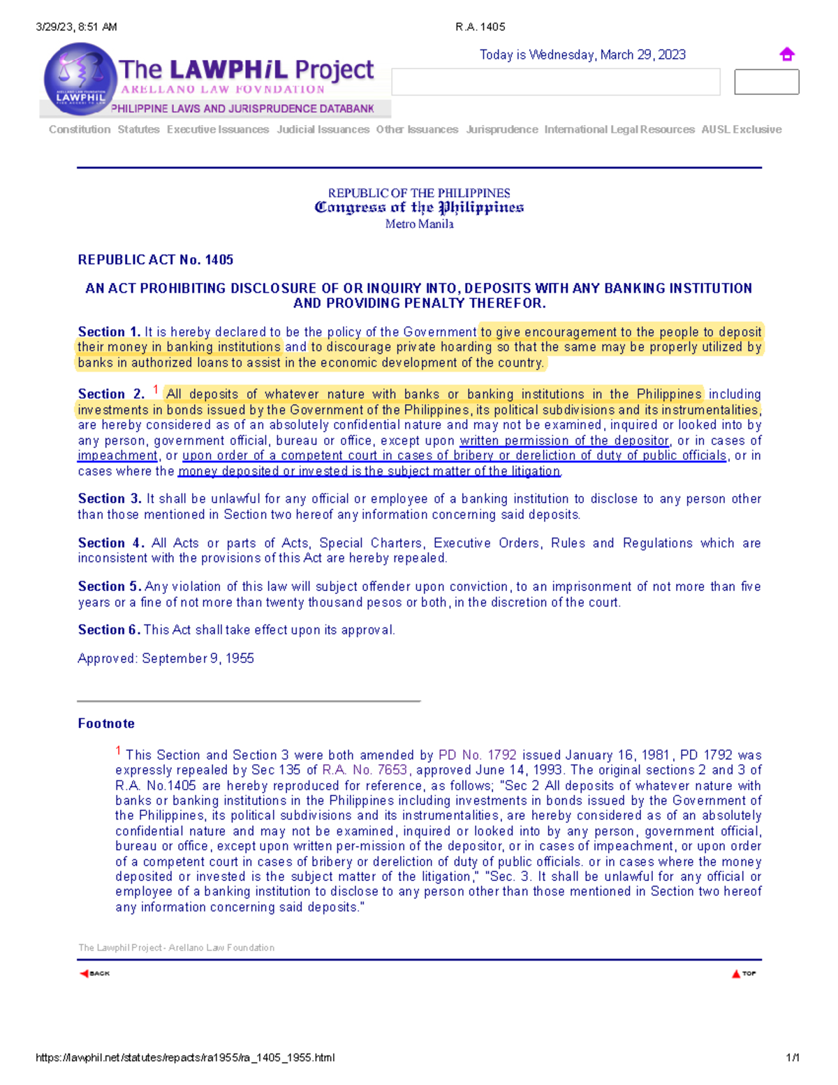 R.A. 1405 - the Monetary Board (MB) of the then Central Bank of the ...
