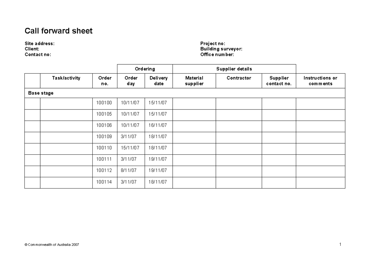 Blank - building schedule - Call forward sheet Site address: Project no ...