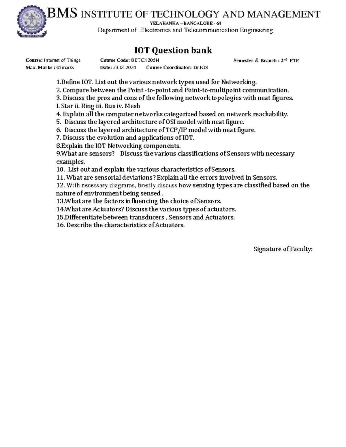 IoT QUESTION BANK - BMS INSTITUTE OF TECHNOLOGY AND MANAGEMENT ...