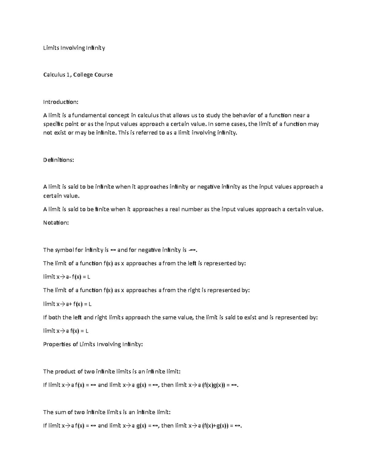 Limits Involving Infinity Limits Involving Infinity Calculus 1
