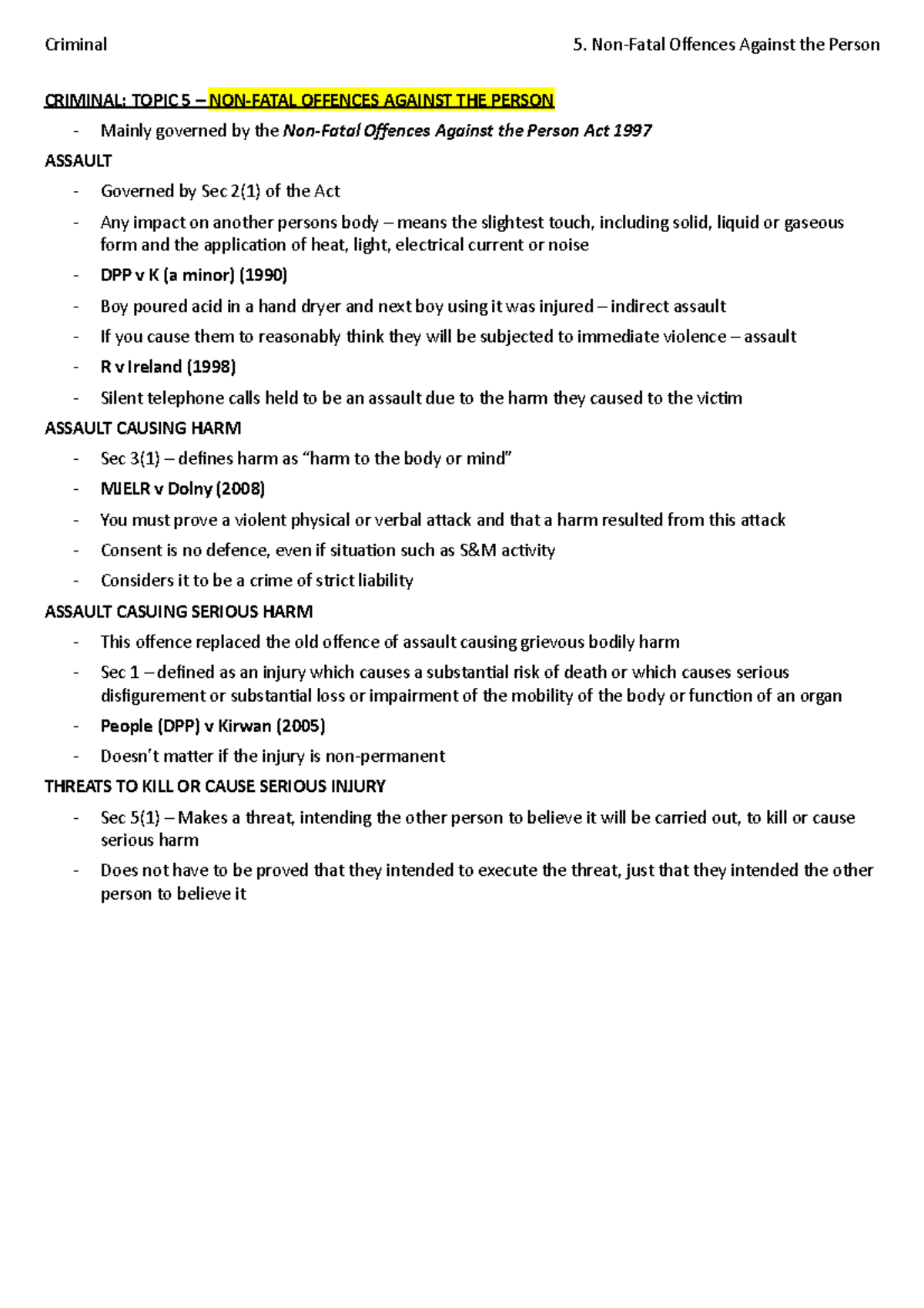 Criminal 5. Non-Fatal Offences Againt the Person - Criminal 5. Non ...