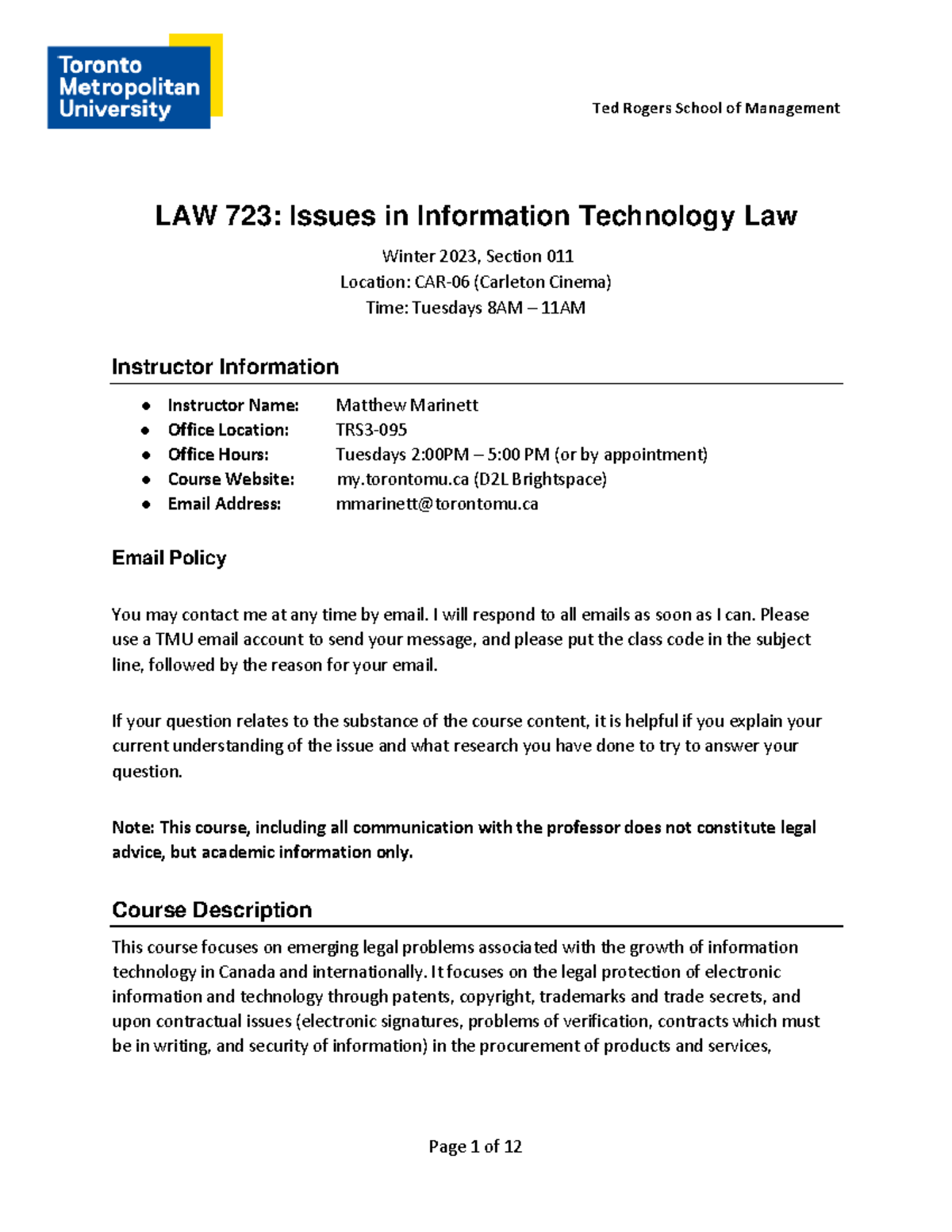 LAW 723 Outline Fall 23 - Ted Rogers School of Management LAW 723 ...