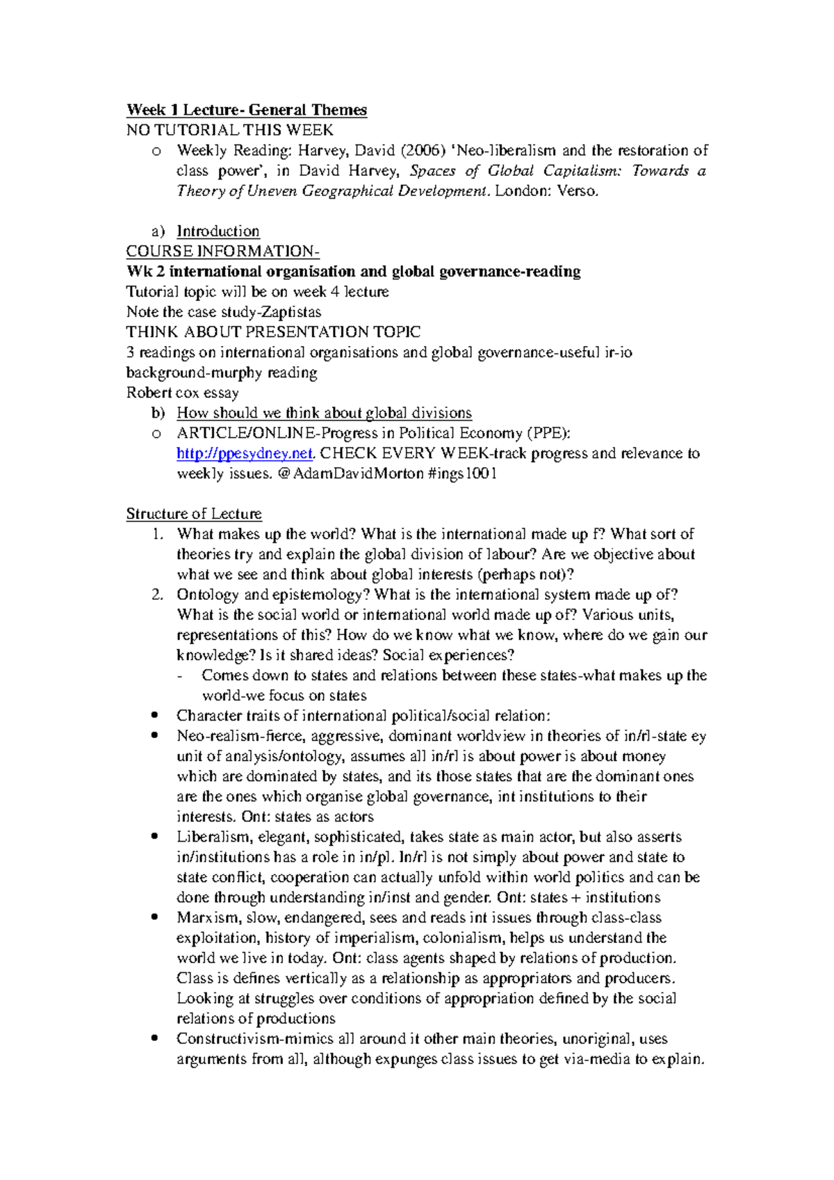 Lecture notes, lecture 1 - Week 1 Lecture- General Themes NO TUTORIAL ...