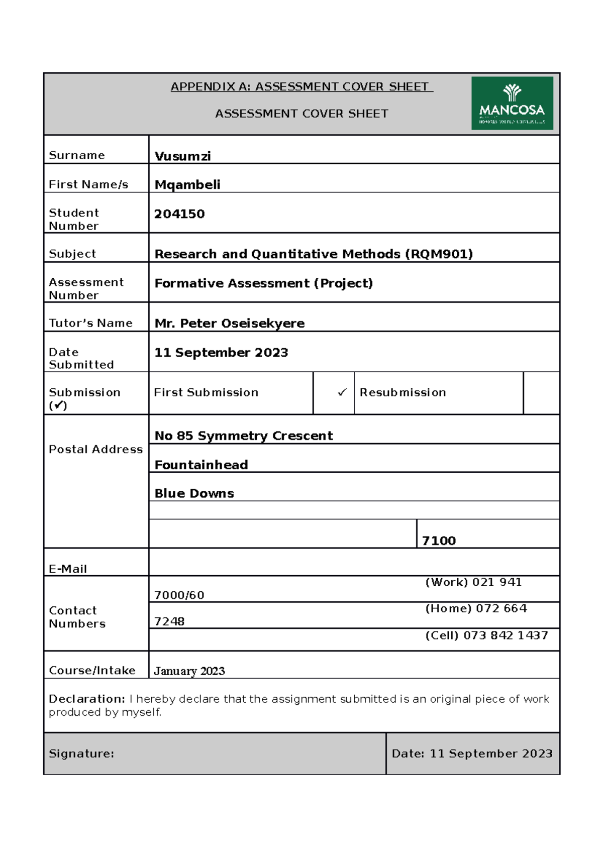 Formative assessment 2 project 2023 - APPENDIX A: ASSESSMENT COVER ...