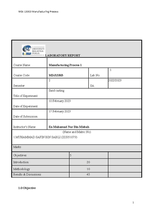 LAB Report Fitting - WORKSHOP REPORT Course Name TECHNOLOGY AND ...