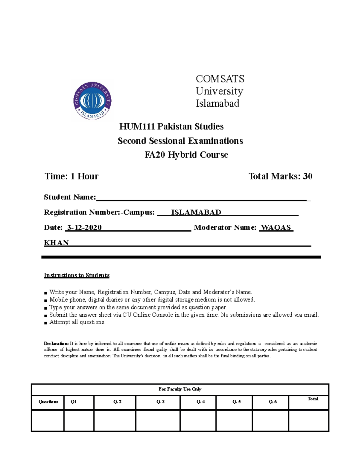Exam 14 September 2016, questions and answers - COMSATS University ...