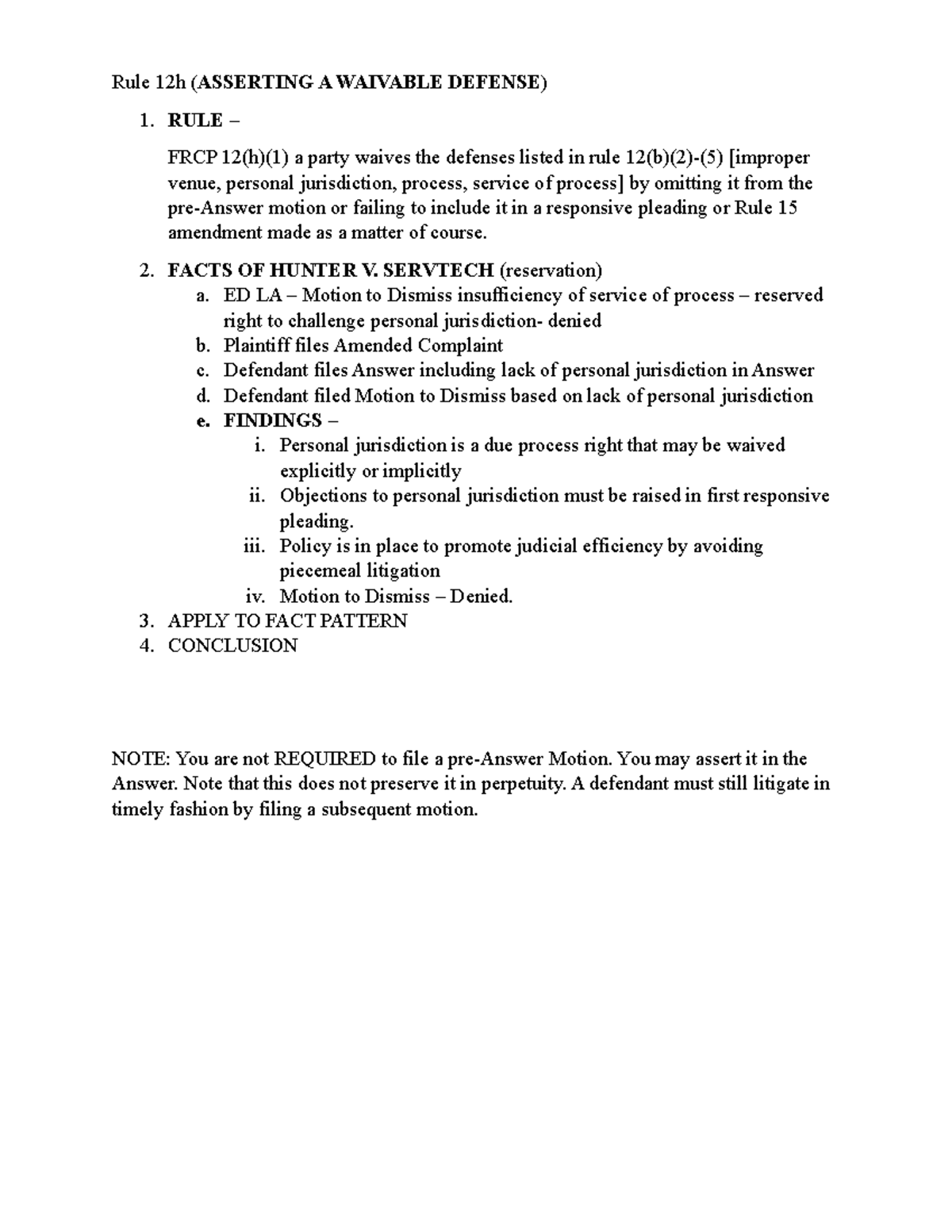 Rule 12h Hunter v Servtech - Rule 12h (ASSERTING A WAIVABLE DEFENSE) 1 ...