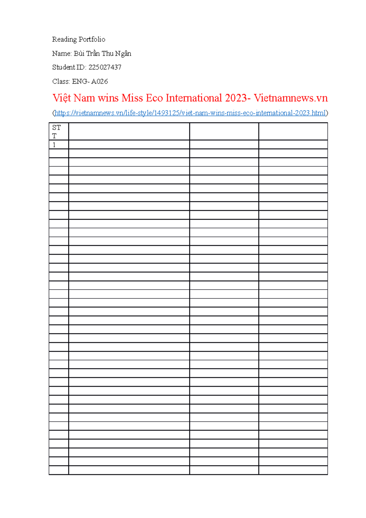 1.Reading Portfolio 1 - TA3 Reading - Reading Portfolio Name: Bùi Trần ...