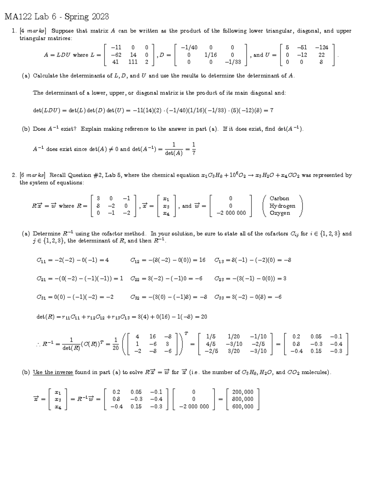 MA122 F23L6 Solns - Solutions to lab report 6 - [4 marks] Suppose that matrix A can be written ...
