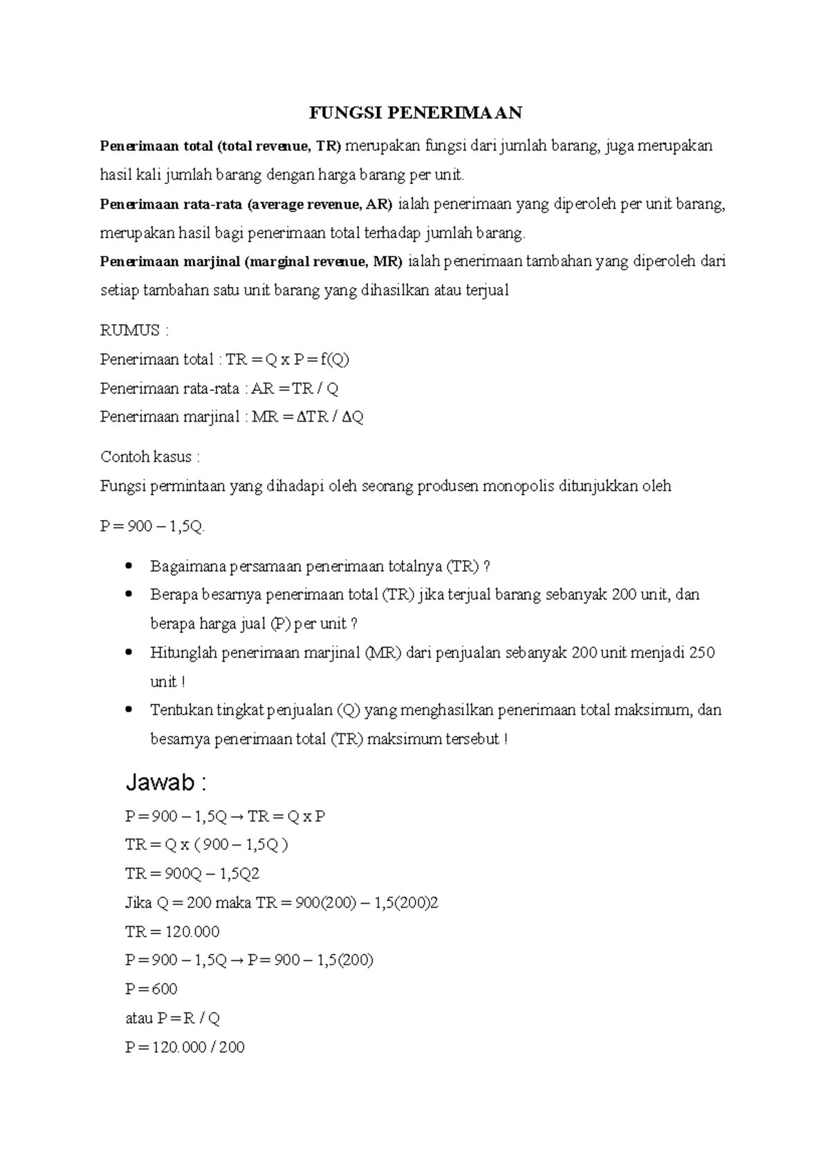 Fungsi Penerimaan - FUNGSI PENERIMAAN Penerimaan total (total revenue ...