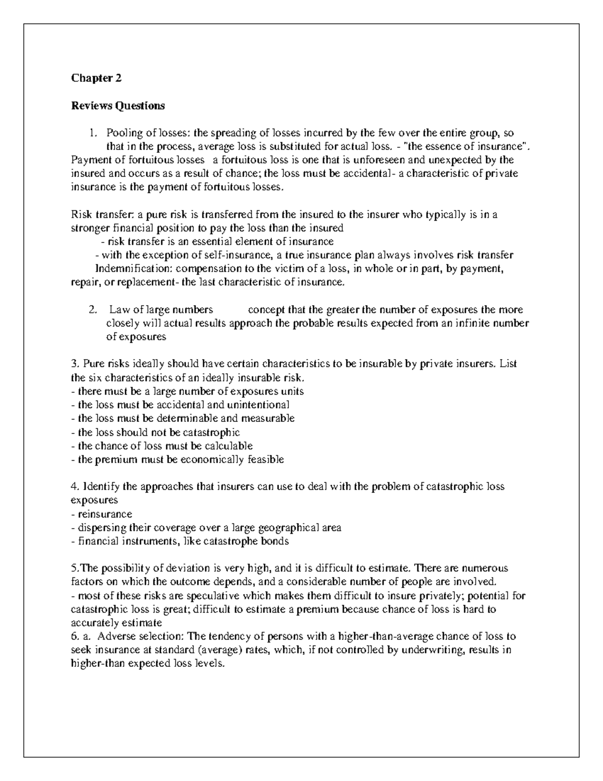 Insurance chapter 2 - financial management - Chapter 2 Reviews Questions Pooling of losses: the ...