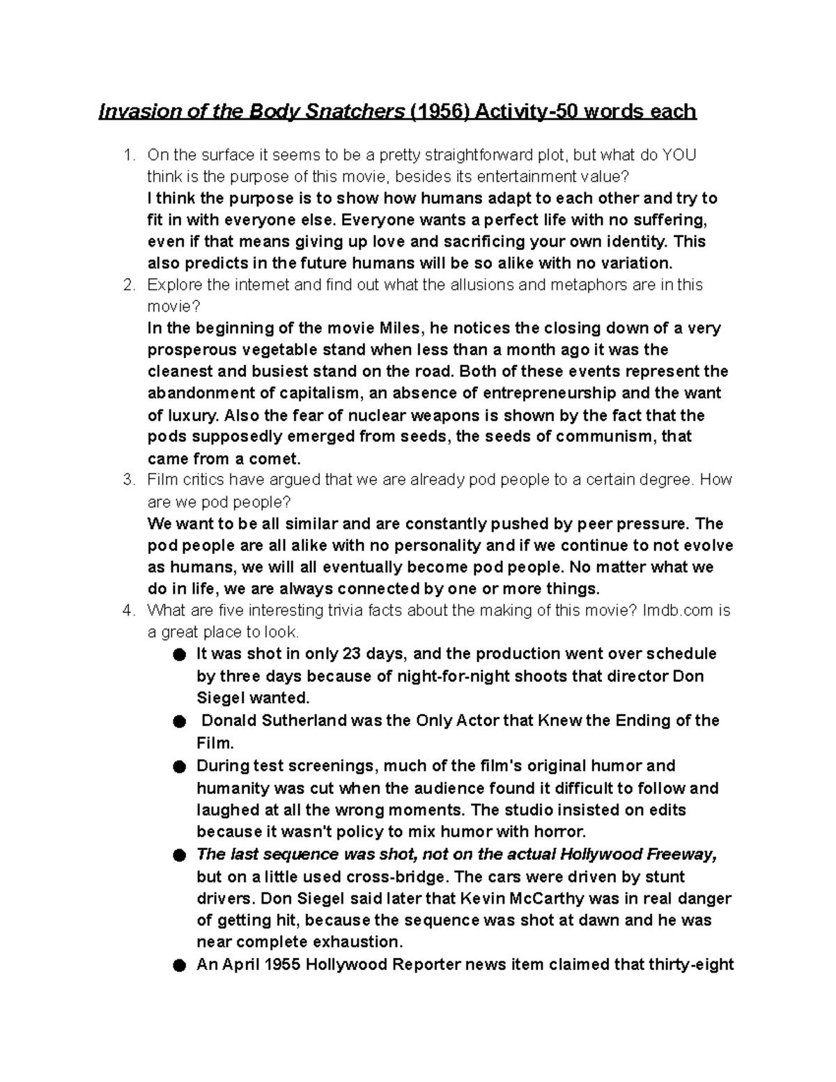 Invasion of the Body Snatchers (1956) Activity-50 words each - Everyone ...