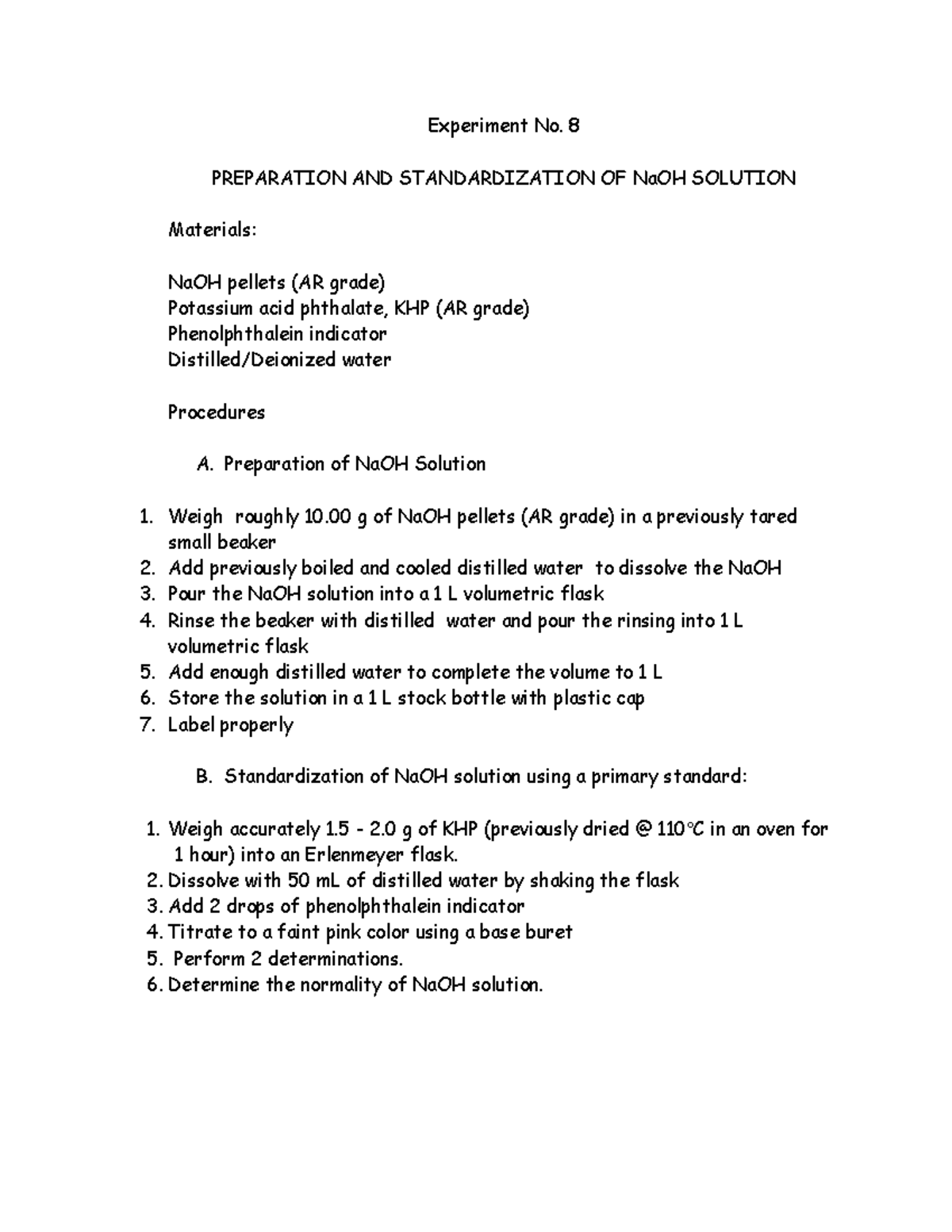 Experiment No 8 10 - lecture notes - Experiment No. 8 PREPARATION AND ...