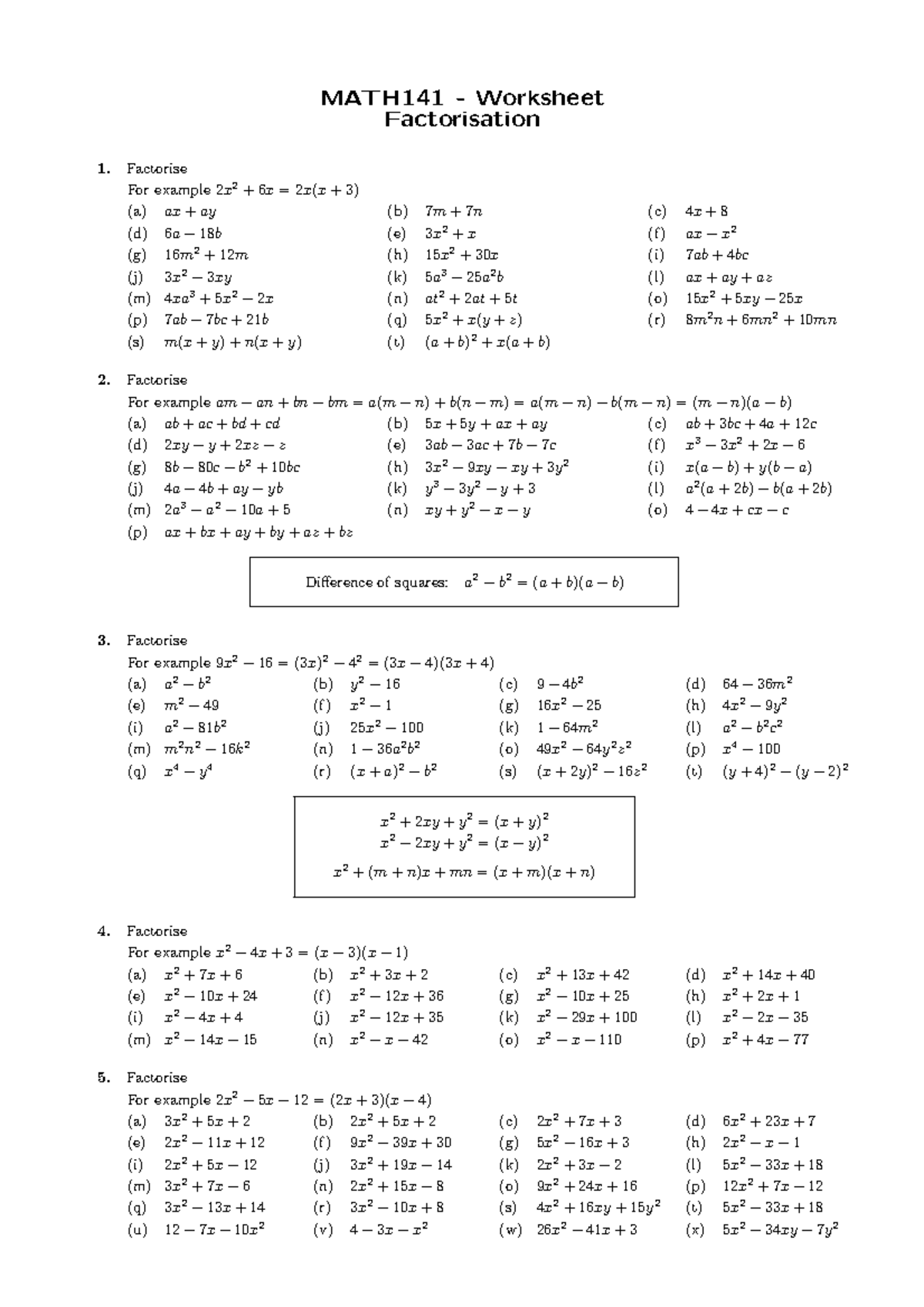Factorisation Math Questions Math141 Worksheet Factorisation Factorise For Example 2x 2