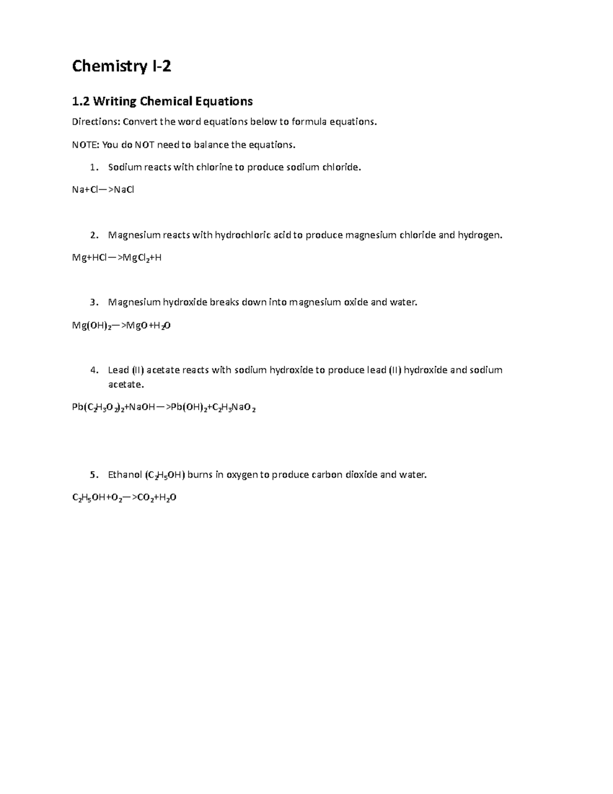 1.2 Chemical Equations Assignment - Chemistry I- 1 Writing Chemical ...