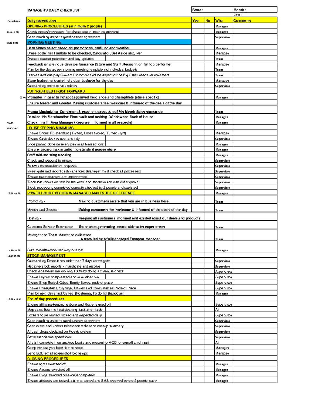 Managers Checklist updated Jul 23 - MANAGER'S DAILY CHECKLIST Store ...