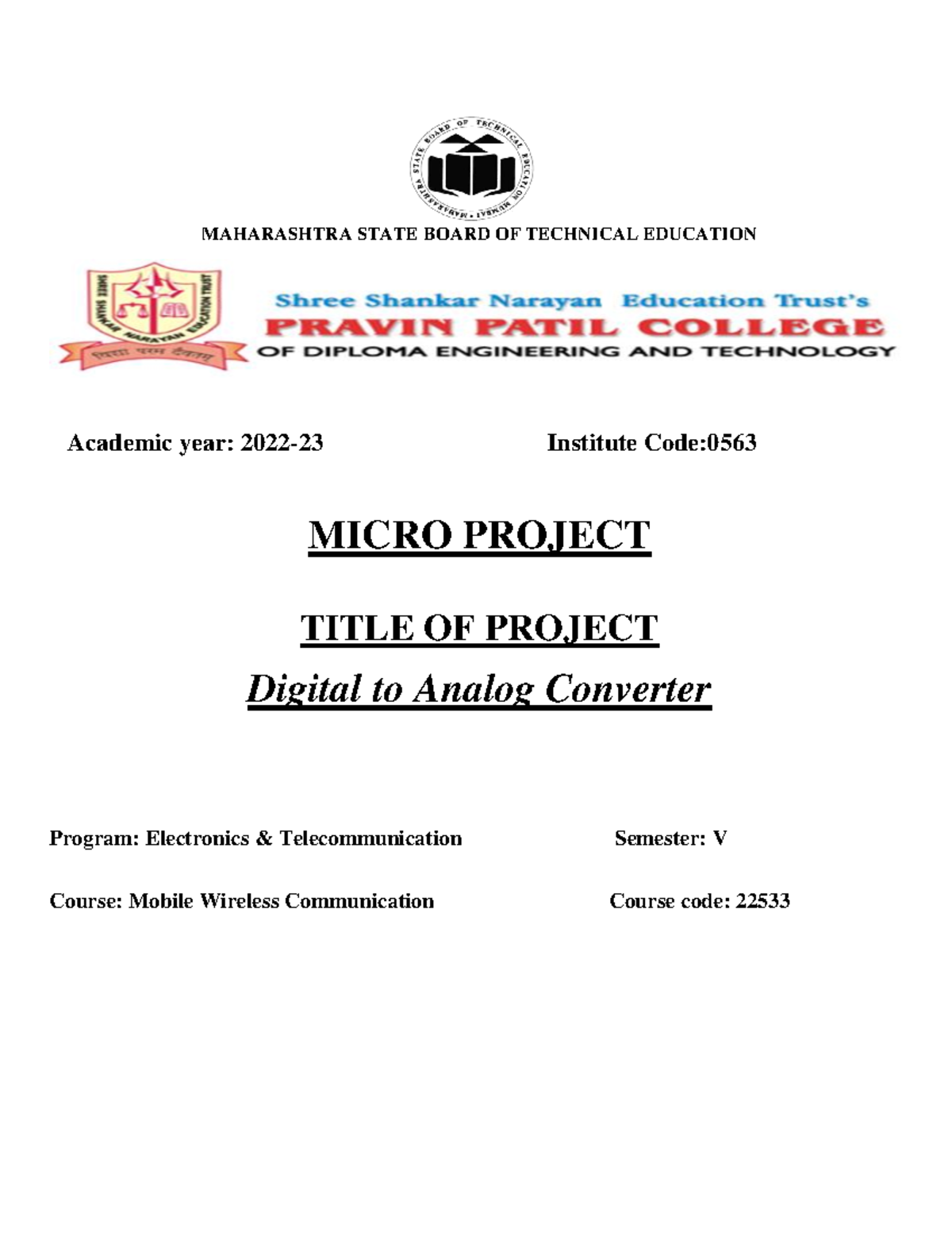 Mwc Microproject Micro Project Maharashtra State Board Of Technical Education Academic Year 