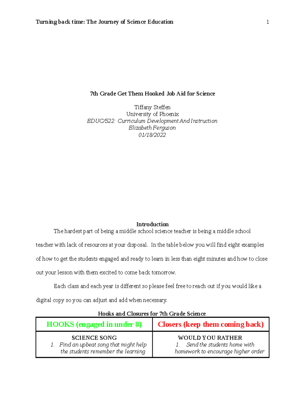 Copy of Science Job Aid - job aid - 7th Grade Get Them Hooked Job Aid ...