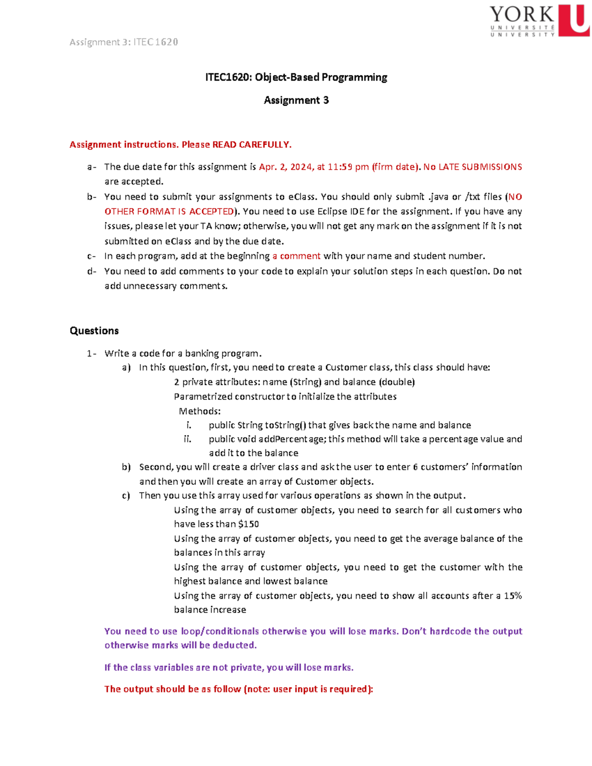 Assignment 3-ITEC1620 - ITEC1620: Object-Based Programming Assignment 3 ...