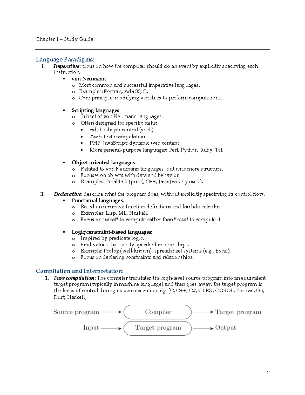 Chapter 1 study guide - Chapter 1 – Study Guide Language Paradigms: I ...