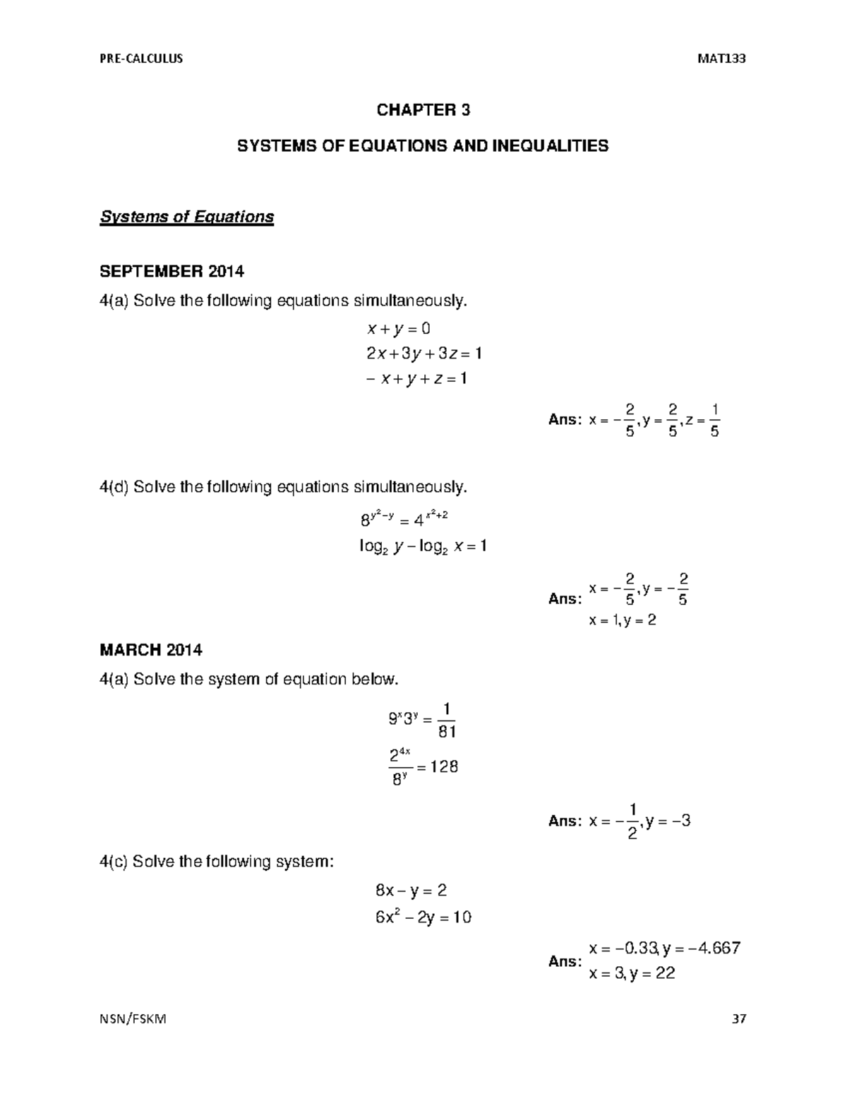 Past Sem Chapter 3 MAT133 - CHAPTER 3 SYSTEMS OF EQUATIONS AND ...