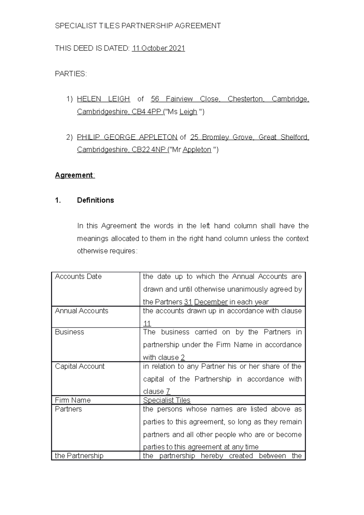 Specialist Tiles Partnership Agreement - THIS DEED IS DATED: 11 October ...