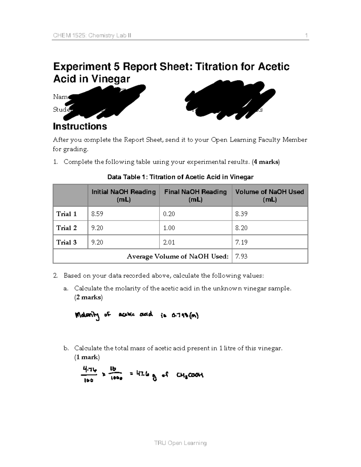 CHEM1525 Exp5 Report Sheet - CHEM 1525: Chemistry Lab II 1 TRU Open ...