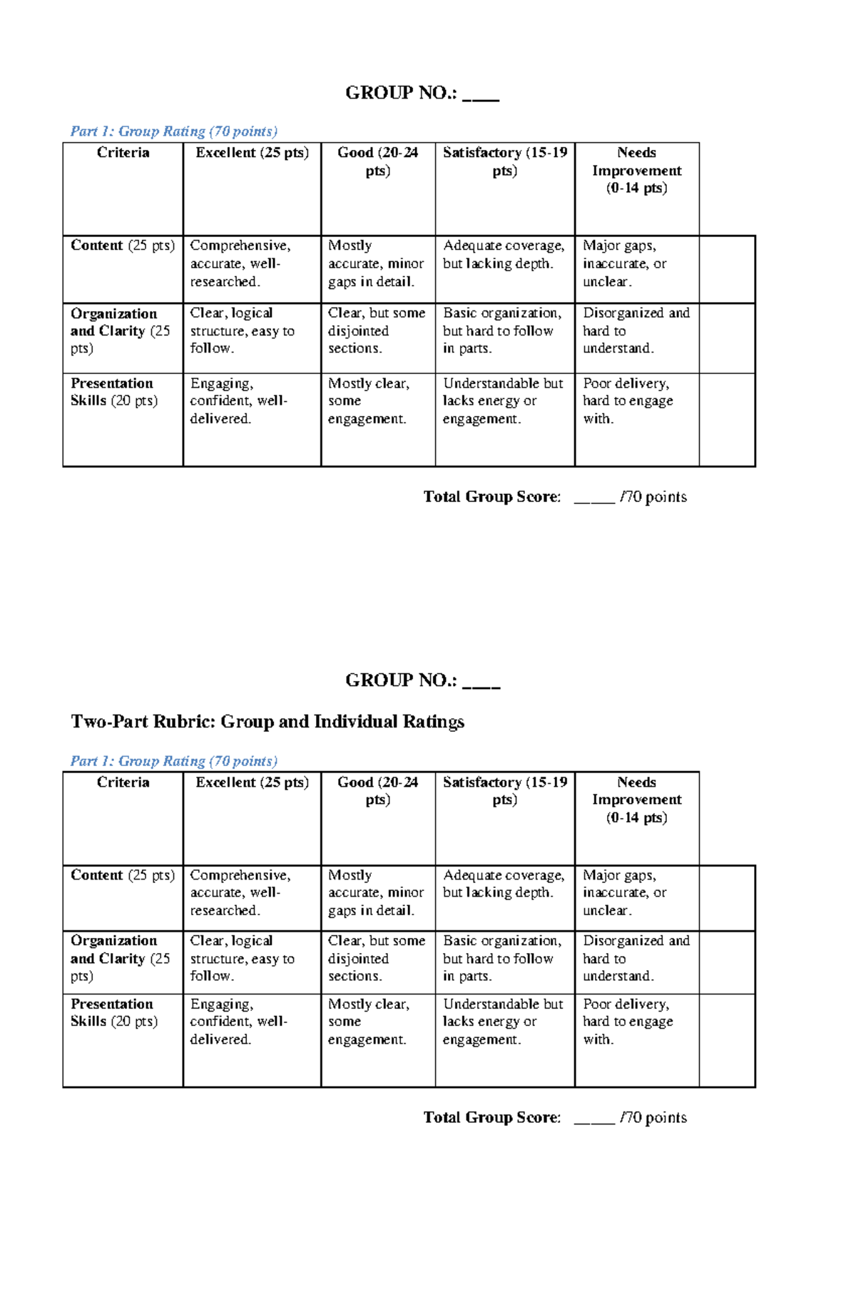 Reporting- Rubrics - Rubric - GROUP NO.: ____ Part 1: Group Rating (70 ...