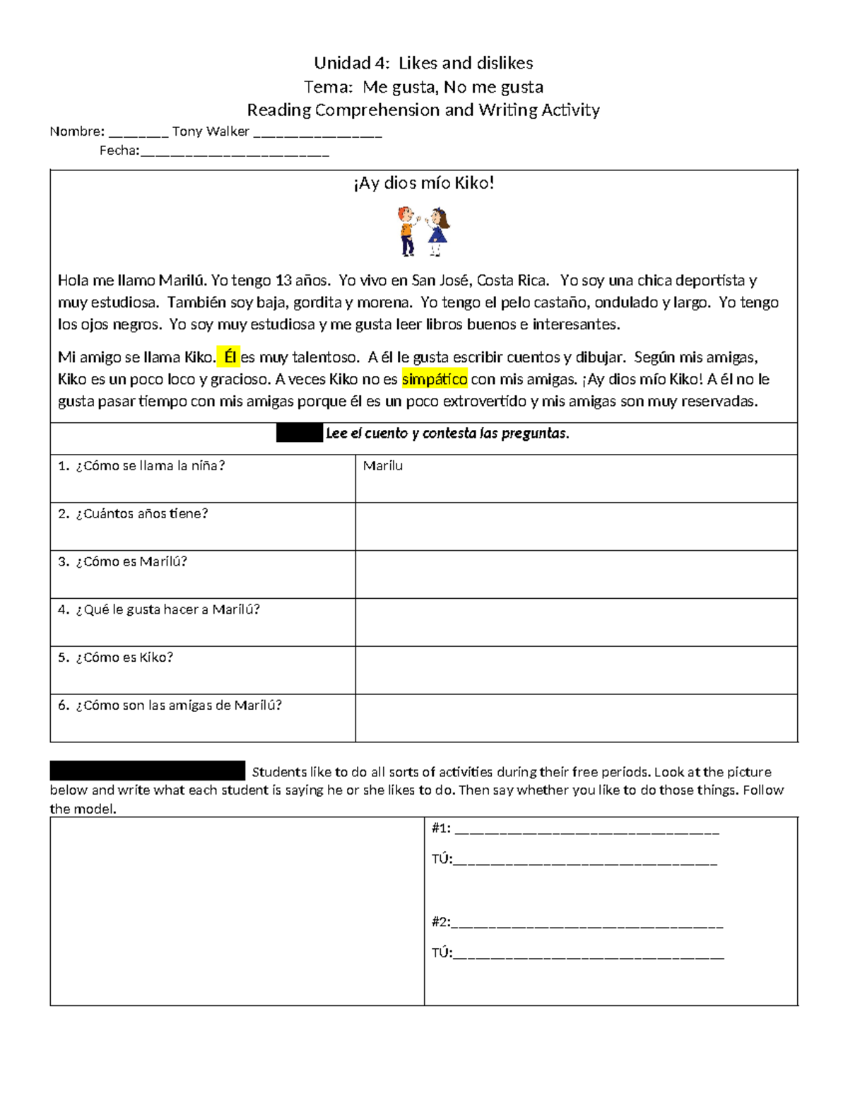 Copy of Unit 4 Reading Comprehension and Writing Activity 1 (1 ...