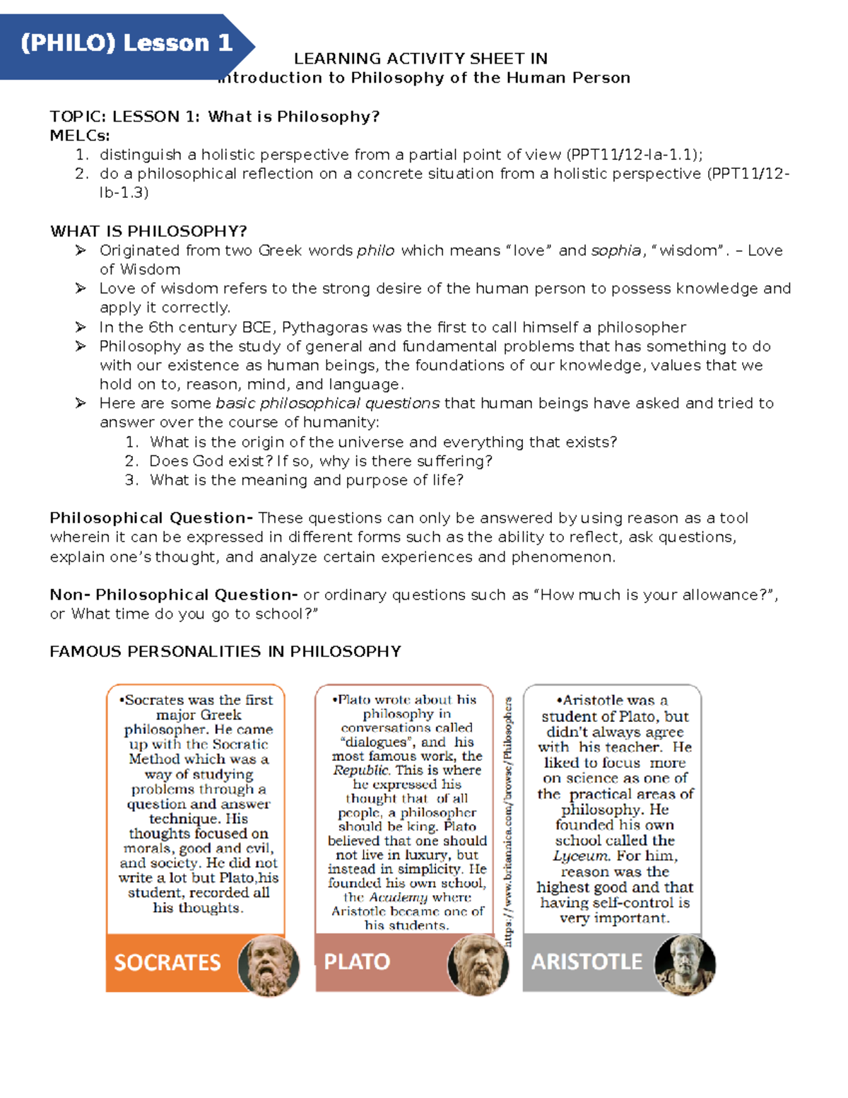 Lesson 1- What is Philosophy - LEARNING ACTIVITY SHEET IN Introduction ...