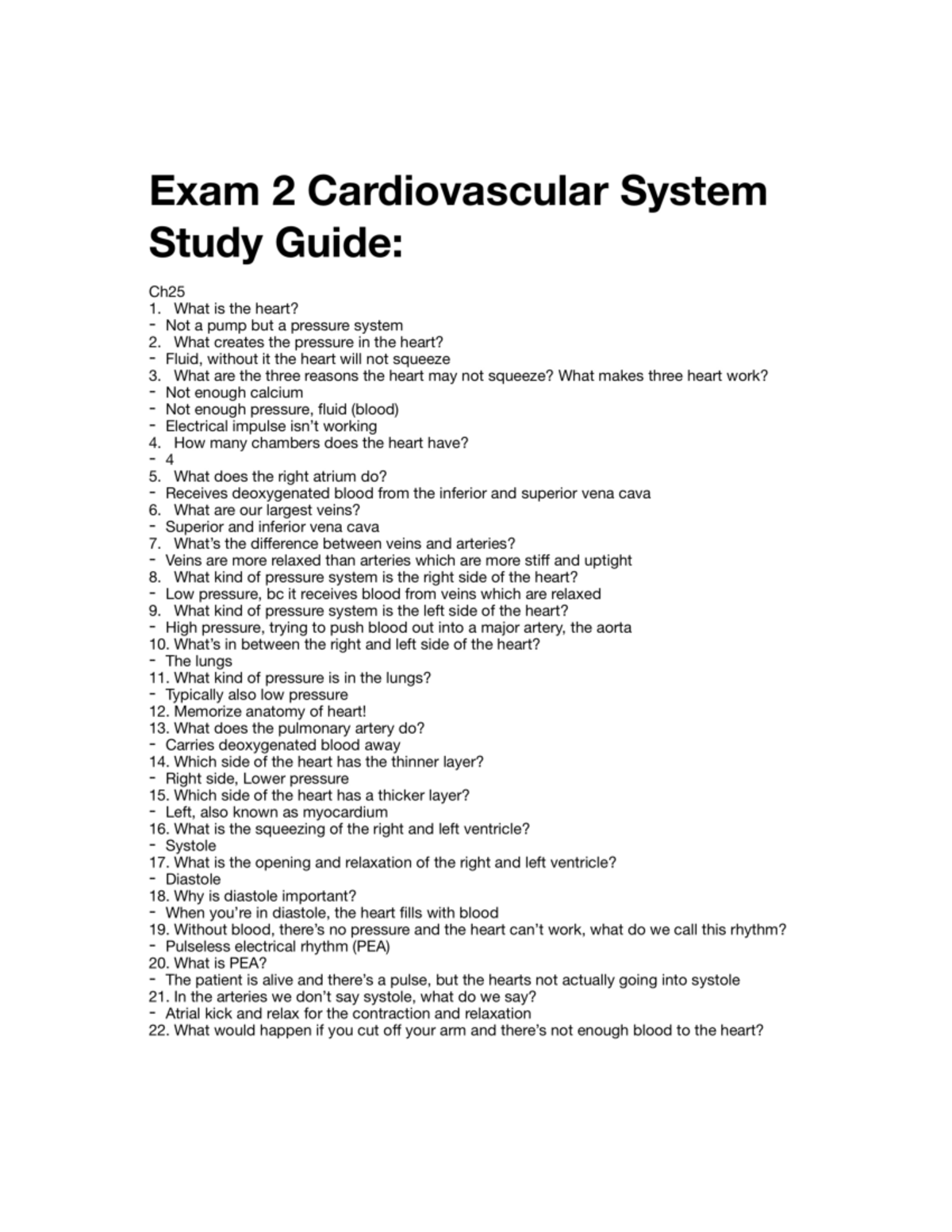 Cardio Exam-Cardio Exam Review Questions - Exam 2 Cardiovascular System ...