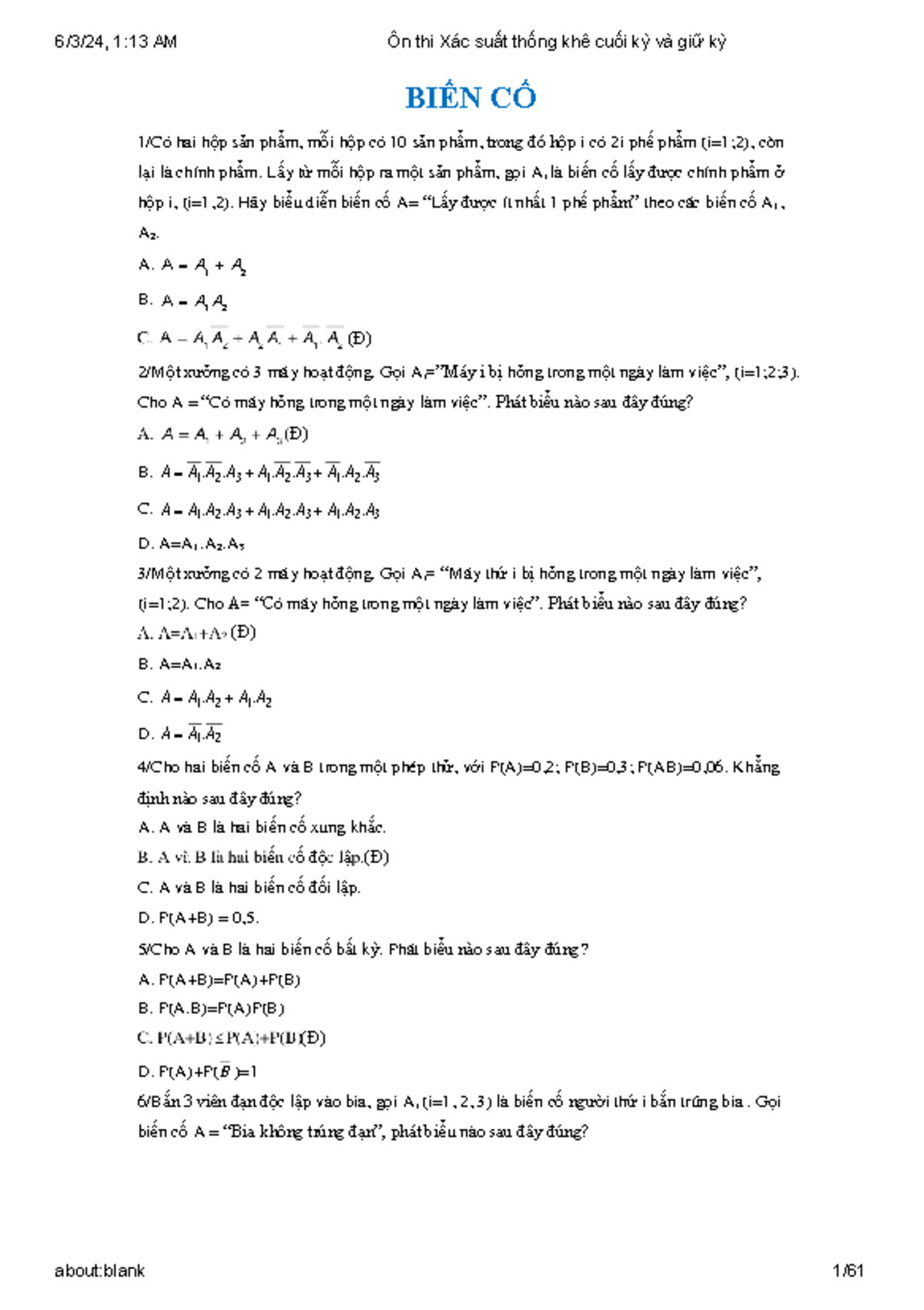 Ôn thi Xác suất thống kê - BI N C 1/Có hai h ộp s ản ph ẩm, m ỗi h ộp có 10 s ản ph ẩm, trong đó ...