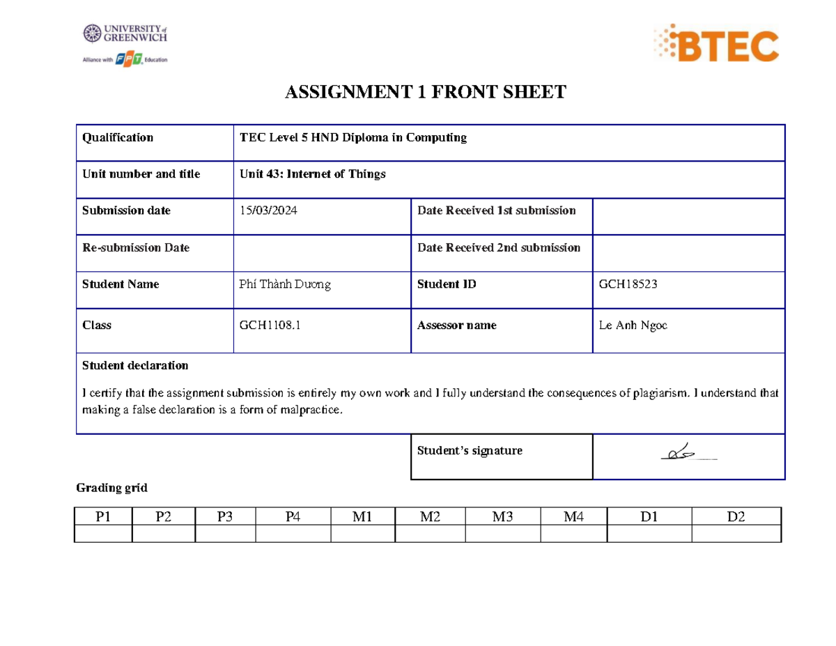 1 43-Io T.Assignment 1 frontsheet 2021 222 - ASSIGNMENT 1 FRONT SHEET Qualification TEC Level 5 ...