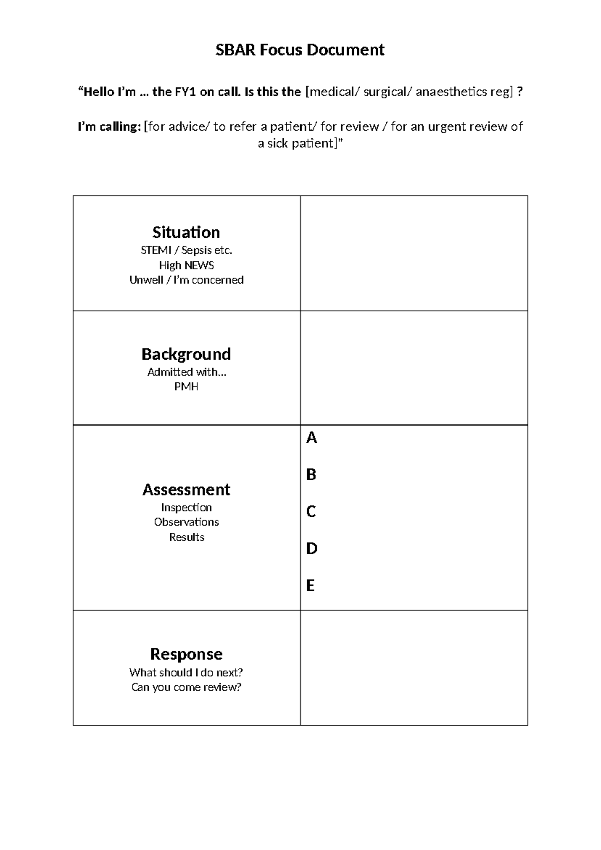 SBAR Focus Document - SBAR Focus Document “Hello I’m ... the FY1 on ...