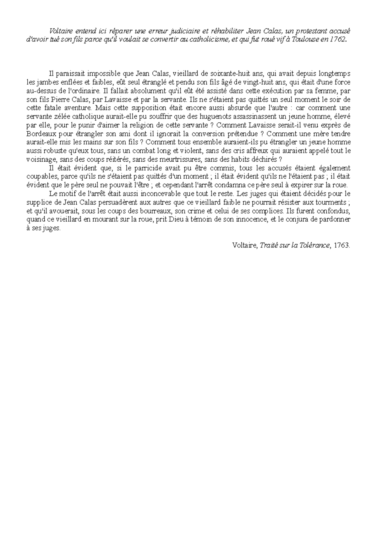 Voltaire - Il paraissait impossible que Jean Calas, vieillard de ...