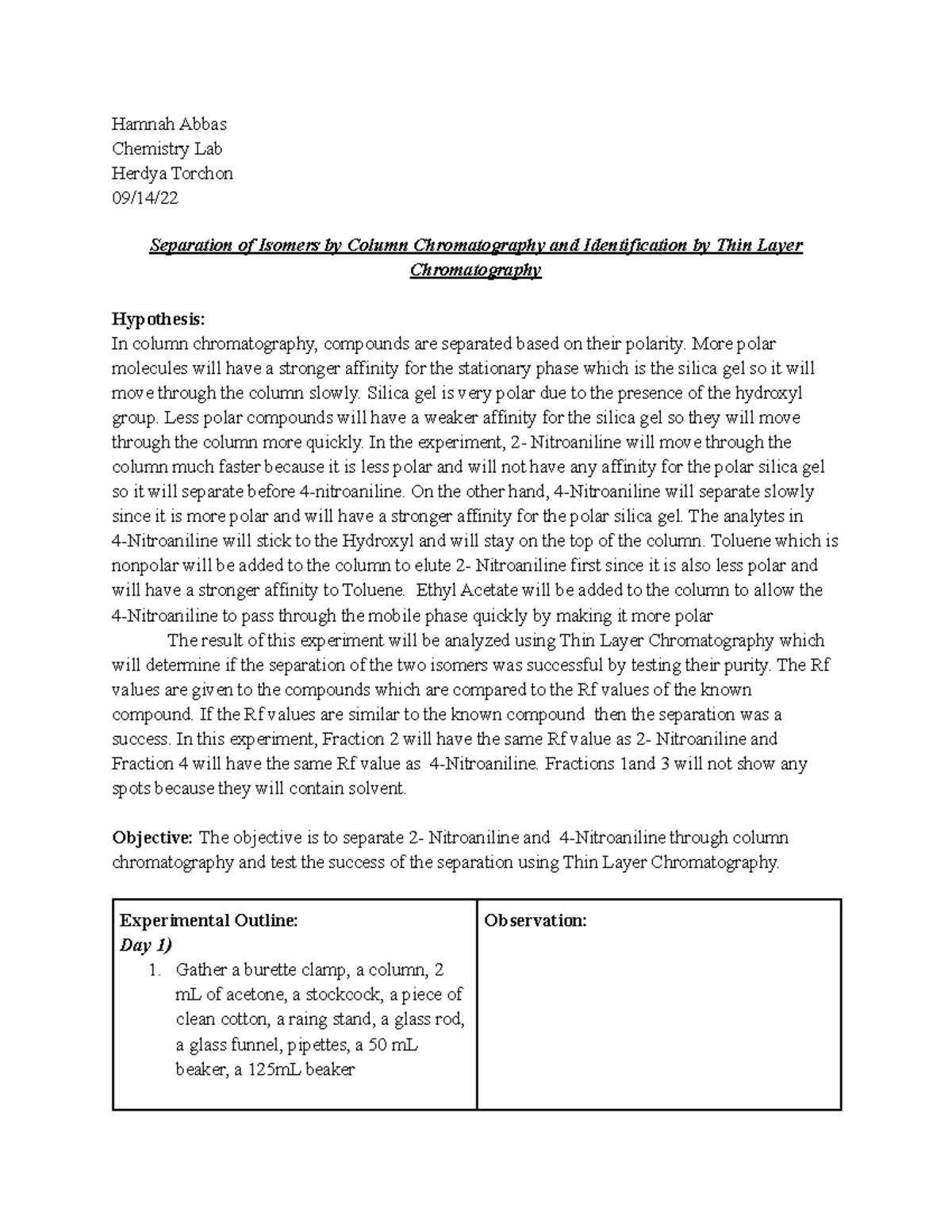 Experiment 2 Separation of Isomers by Column Chromatography and Identification by Thin Layer ...