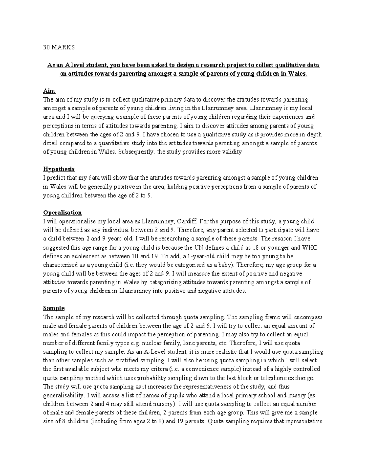 As an a level student you have been asked to design a research project ...