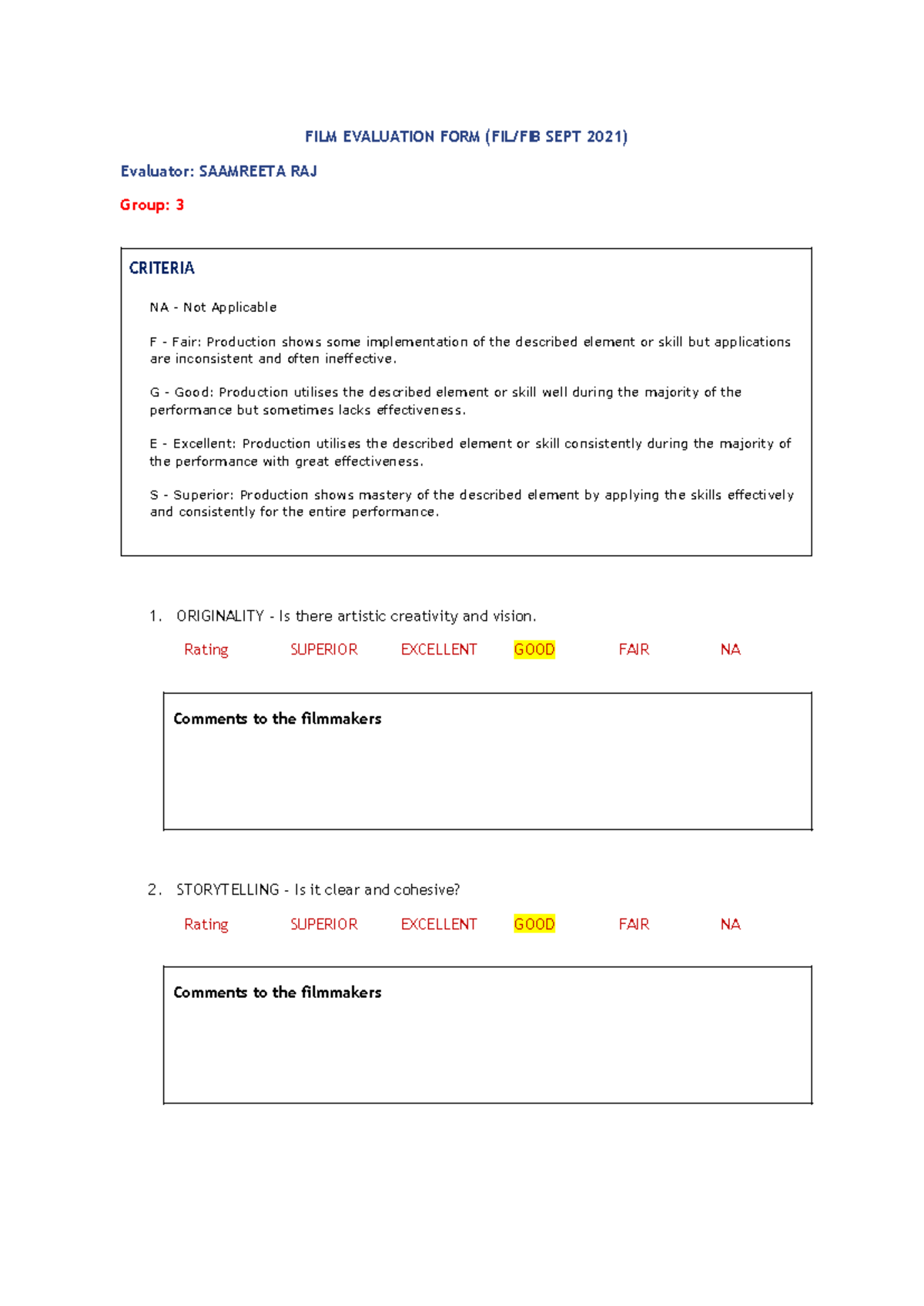 FILM Evaluation 2 - ...... - FILM EVALUATION FORM (FIL/FIB SEPT 2021 ...
