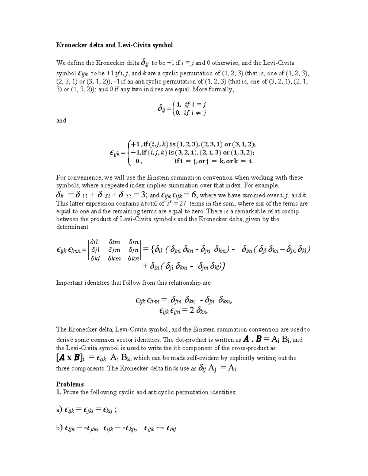 Kronecker delta and Levi-civita function - Mathematical Physics II - Studocu