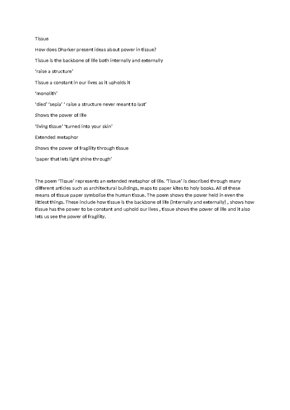 Tissue essay plan - PAST WORK - Tissue How does Dharker present ideas ...