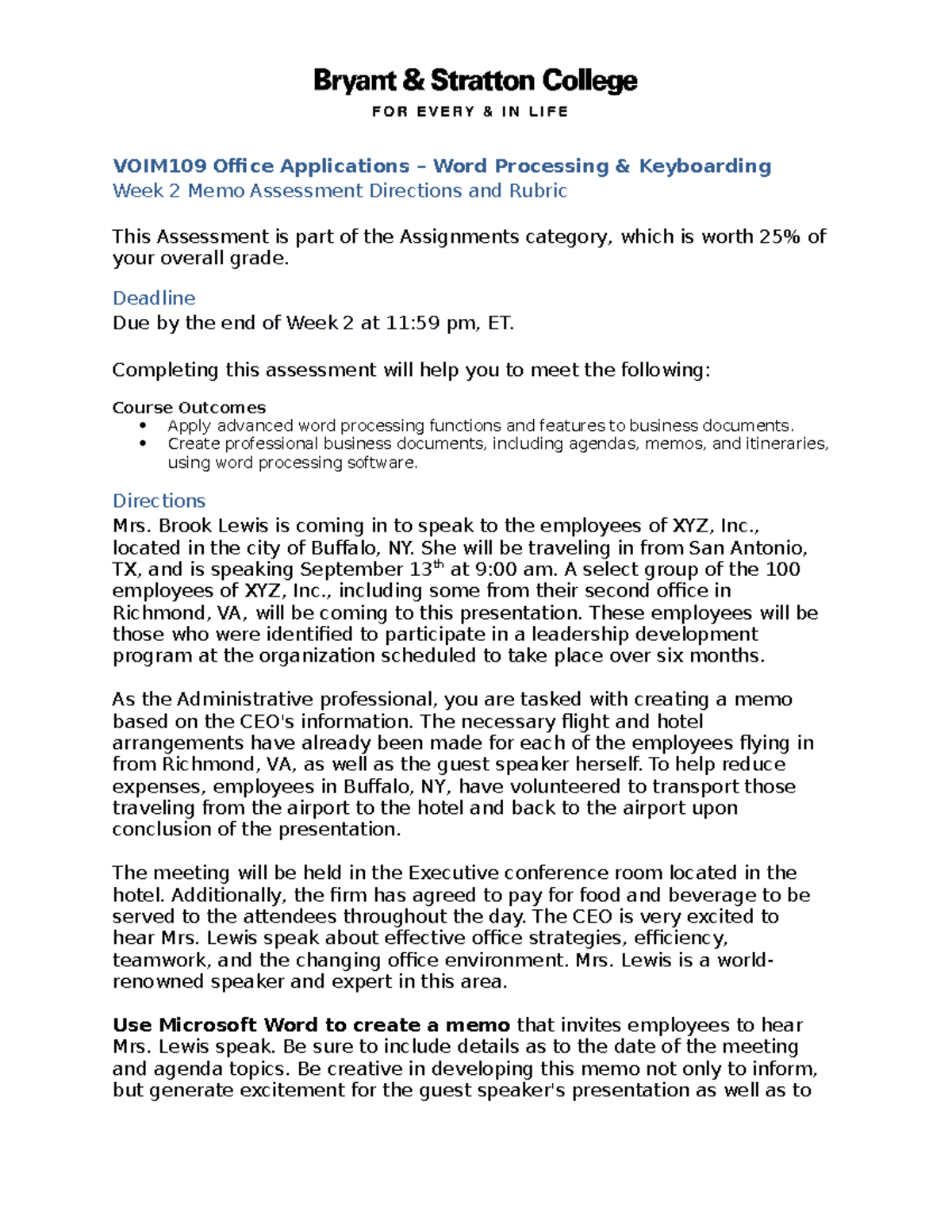 VOIM109 - Week 2 Memo Assessment - VOIM109 Office Applications – Word Processing & Keyboarding ...