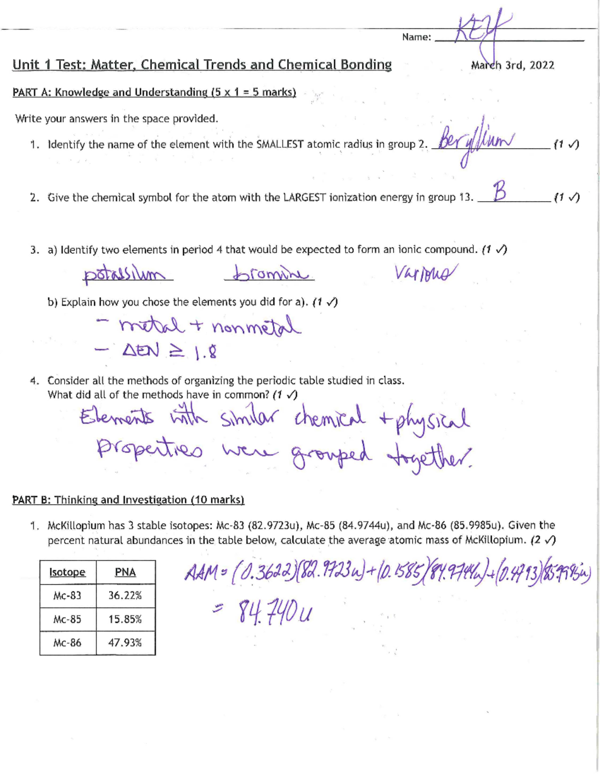 Unit 1 Matter TEST Answers - “Ane Name: ACY] Unit 1 Test: Matter ...